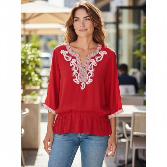 Chico's | Tops | Chicos Womens Tunic Blouse Size Med Red Embellished ...